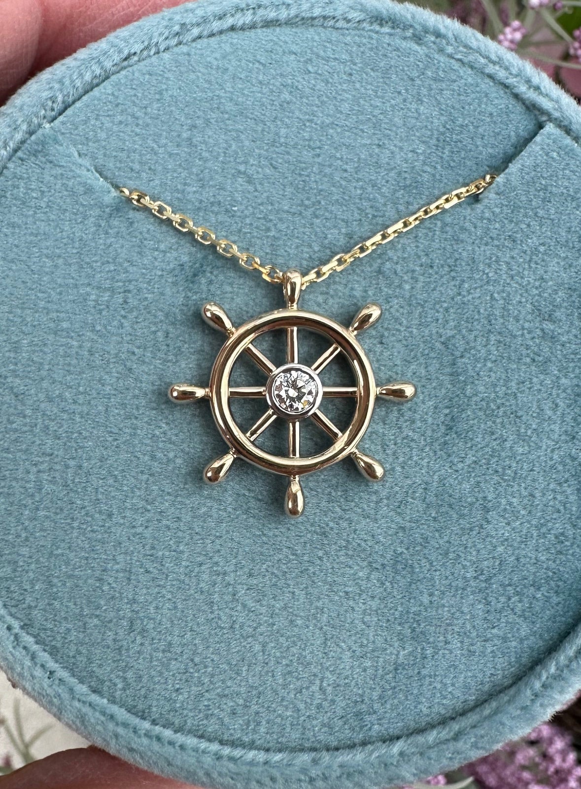 14k Yellow Gold Ships Wheel Necklace with 0.08cts. Genuine Diamonds on ...