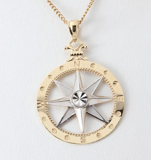 Medium 14k Yellow & White Gold Compass Rose Pendant on 14k Yellow Gold ...