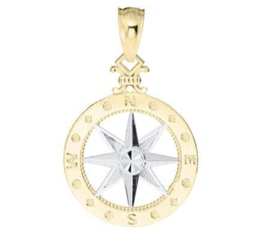 Small Two-Tone 14K Yellow & White Gold Compass Rose Pendant on 14k ...