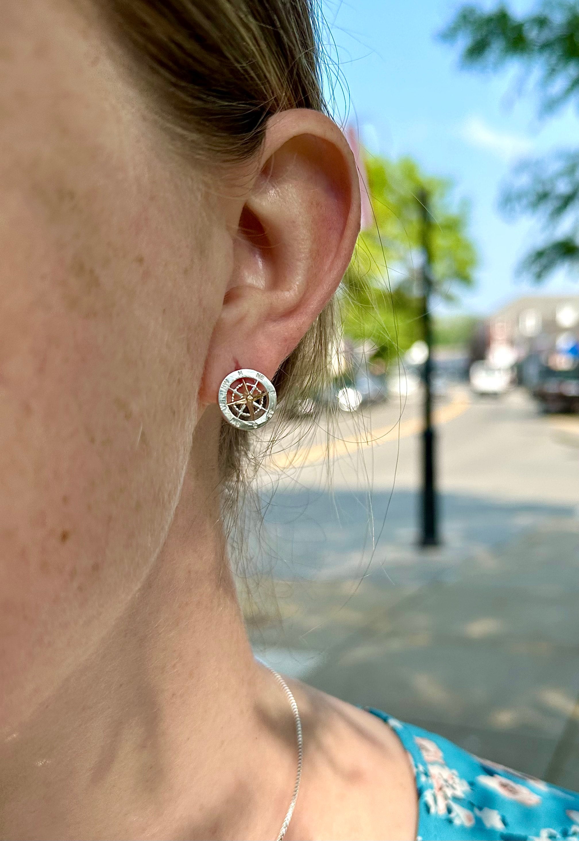 Small Compass Sterling Silver with 14K Yellow Gold Needle Stud Earrings ...