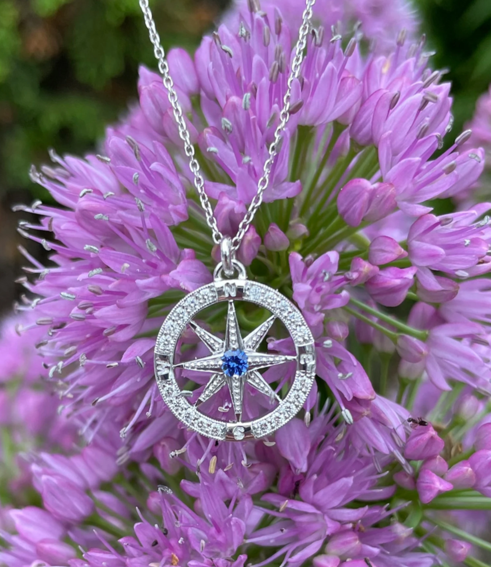 Genuine Blue Sapphire Diamond Compass Rose 14k White Gold Pendant On
